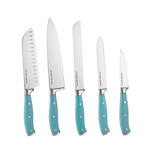 Hamilton Beach 14-Piece Kitchen Knife Cutlery Set, Aqua Blue Handles, Sharp Stainless Steel, Wood Block with Chef's, Santoku, Bread, Steak, Paring, Utility Knives, and Scissors