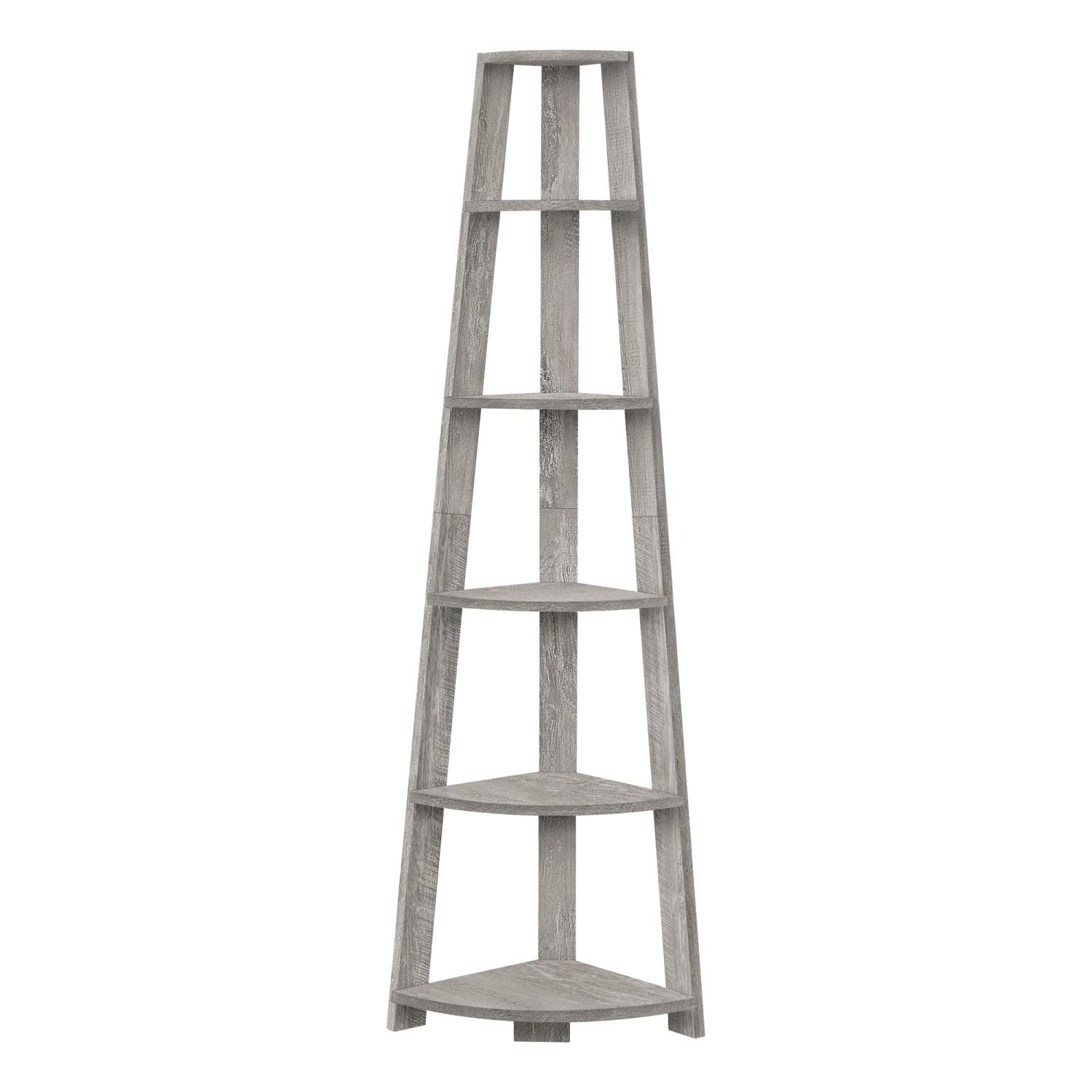 Monarch Specialties I 2433 Bookshelf, Bookcase, Etagere, Corner, 5 Tier, 72" H, Office, Bedroom, Laminate, Grey, Contemporary, Modern