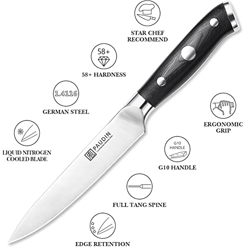 PAUDIN Chef Knife, 5 inch Professional Kitchen Utility Knife Forged of German Stainless Steel, Ultra Sharp Kitchen Knife with Triple Rivet G10 handle