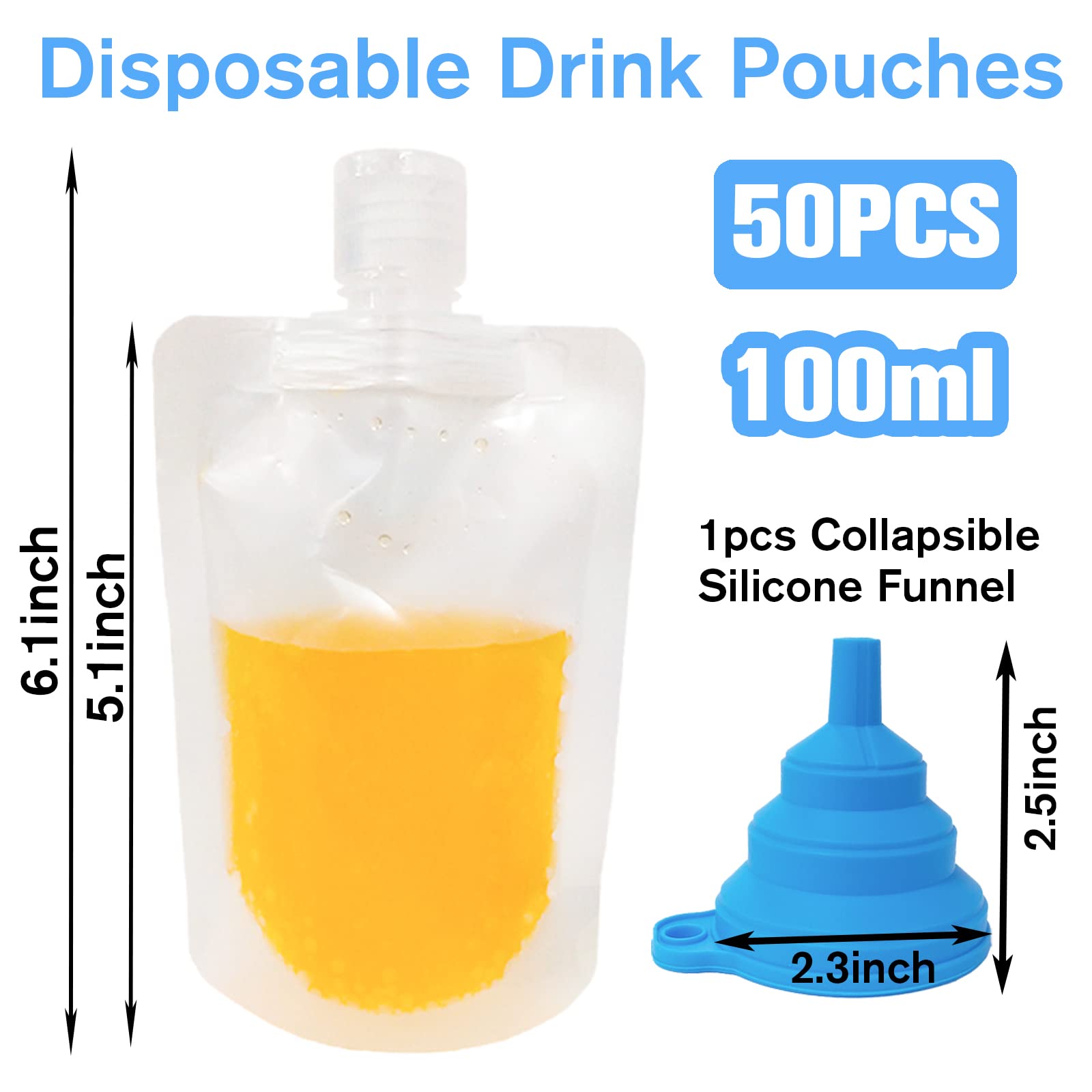 50PCS Disposable Drink Pouches, 100ml Clear Liquor Pouches for Adults Juice Pouches with Small Suction Nozzle for Children, Plastic Liquid Bags for Cold Drinks