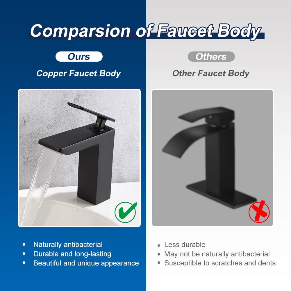 POP SANITARYWARE Matte Black Waterfall Bathroom Sink Faucet for 1 Hole, Single Handle Solid Brass Bathroom Vanity Faucets Deck Mount Modern RV Faucet
