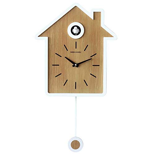 SHISEDECO Modern Cucu Wall Clock Striking Small Cute Bird, Natural Bird Voices or Cuckoo Call, Simple Fashion Wood Creative Pendulum Clocks, Unique Home Decoration for Living Room, Kitchen. (White)