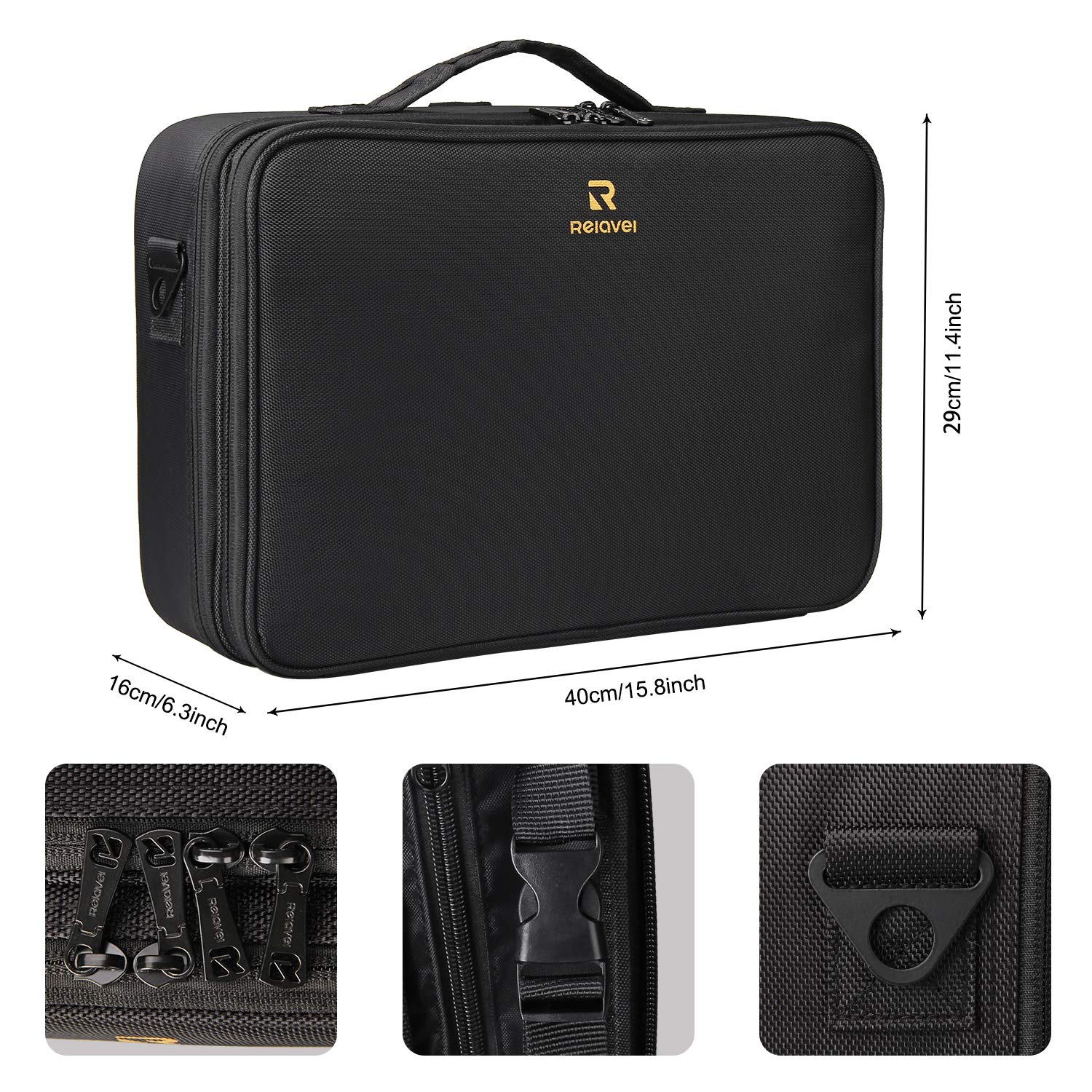 Relavel Makeup Bag Travel Makeup Train Case Large Cosmetic Case Professional Portable Makeup Brush Holder Organizer and Storage with Adjustable Dividers (black L)