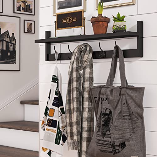 BAMEOS Wall Hooks with Shelf 28.9 Inch Length Entryway Wall Hanging Shelf Wood Coat Hooks for Wall with Shelf Wall-Mounted Coat Hook Rack with 5 Dual Hooks for Bathroom, Living Room, Bedroom (Black)