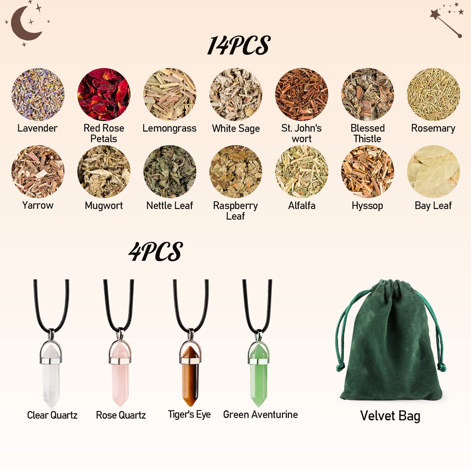 WELLPICK 41PCS Witchcraft Supplies Kit Box for Witch - Crystals Spell Jars for Witches - Herbs for Witchcraft - Spell Candles and Pendulum for Wiccan - Witchy Gift for Women (41PCS)