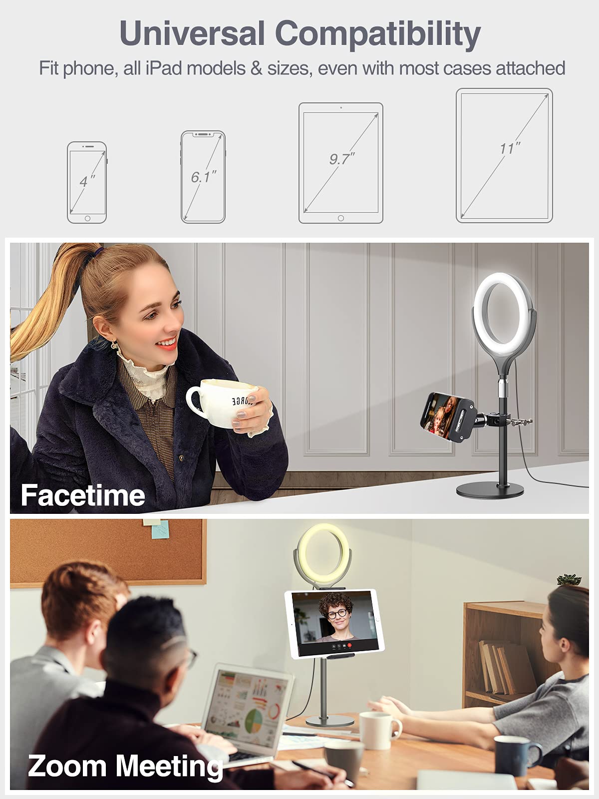 Elitehood iPad Stand with Ring Light for Online Video Conference, 3 Colors & 10 Brightness Computer Ring Light, Adjustable Desktop iPad Holder Stand for iPad Pro 12.9 11 Air Mini and 4-13’’ Tablet