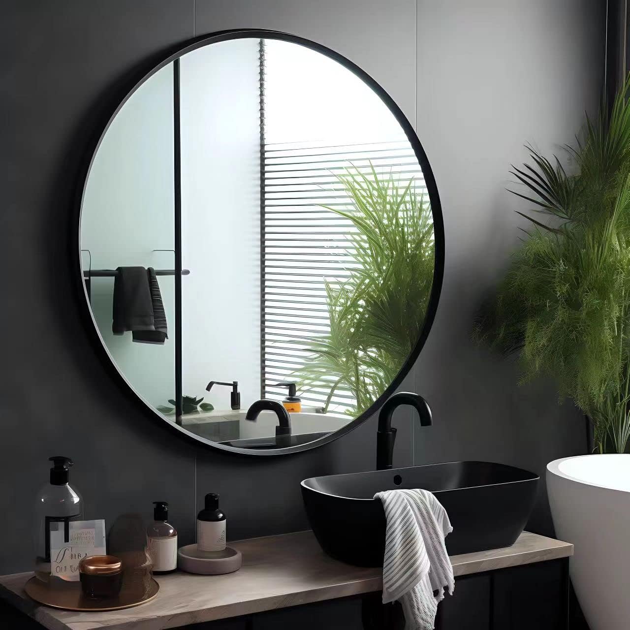 USHOWER Black Round Mirror for Over Sink 24-inch, Circle Bathroom Mirror, Metal Frame Vanity Mirror, Modern Wall Mirror for Entryway Living Room