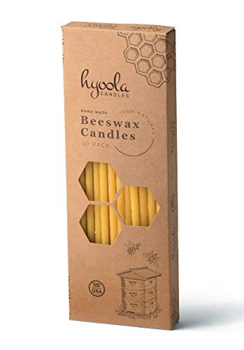 Hyoola Beeswax Skinny Taper Candles – 50 Pack - Natural Dripless Decorative Candles with Long Lasting Burn – Elegant Taper Design, Soothing Scent – 9” Tall – Handmade in The USA