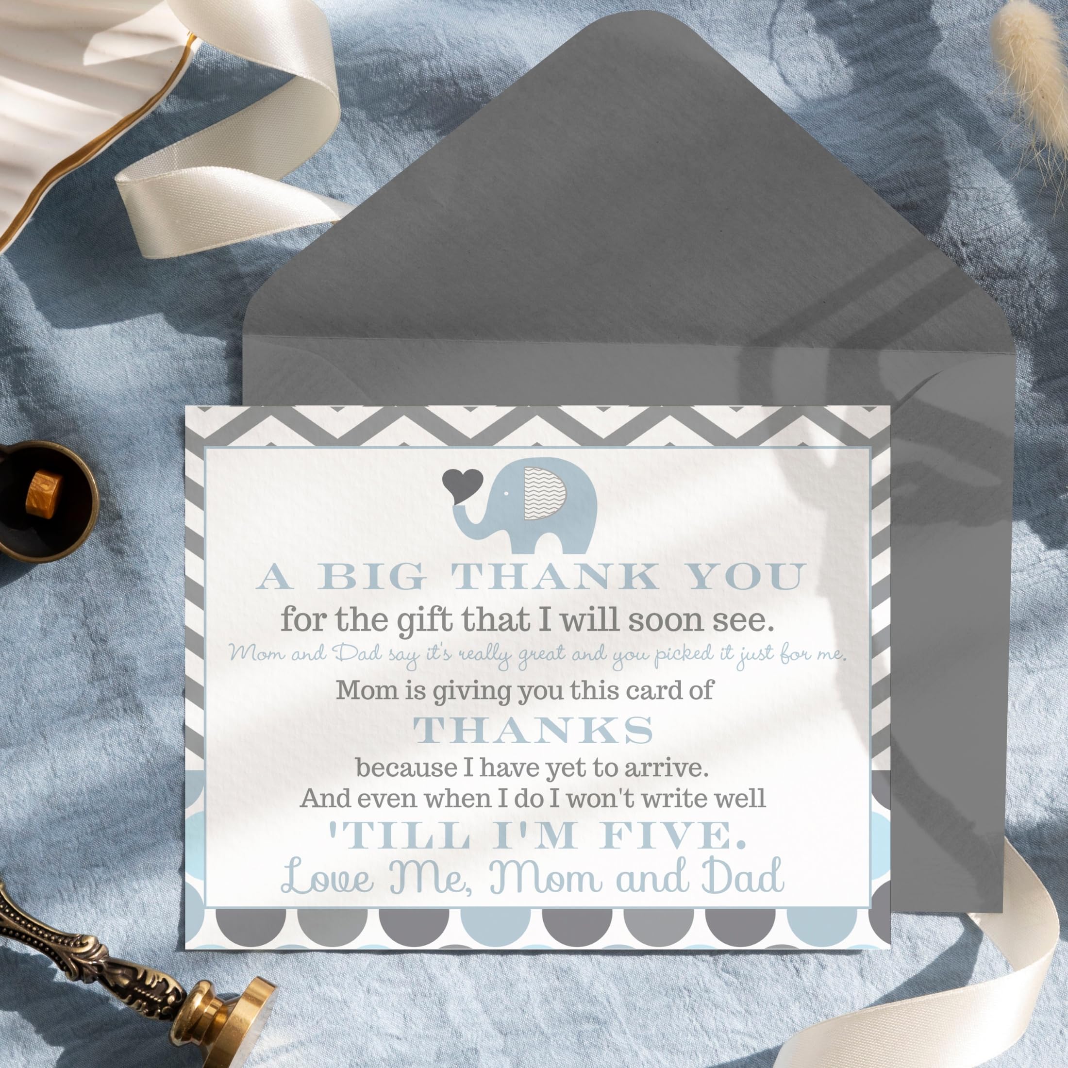 Paper Clever Party Blue Elephant Baby Shower Thank You Cards with Envelopes Blank Notes Prefilled Message Boys Personalize for Registry Gifts Cute Jungle Animal Set 4x6, 15 Pack Printed