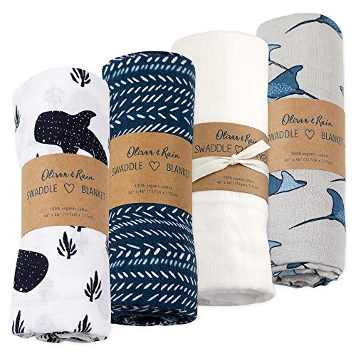 Oliver & Rain Organic Muslin Baby Boy Swaddle Blankets 4 Pack Receiving Blanket Whaleshark and Stingray Print, Dark Blue Dash Stripe and Solid White