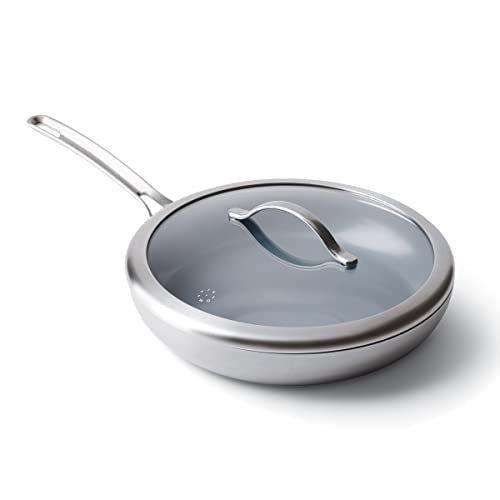 GreenPan X Food 52 Five-Two Essentials, Tri-Ply Stainless Steel 12" Nonstick Frying Pan Skillet with Lid, PFAS-Free, Multi Clad, Induction, Dishwasher Safe, Oven Safe, Silver