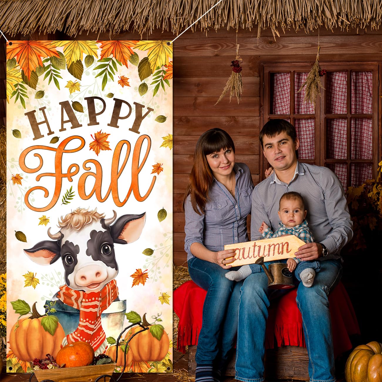 Happy Fall Door Cover Fall Party Decorations Baby Cow with Scarf Fall Festival Decorations Pumpkin Door Banner for Autumn Harvest Thanksgiving Party Supplies