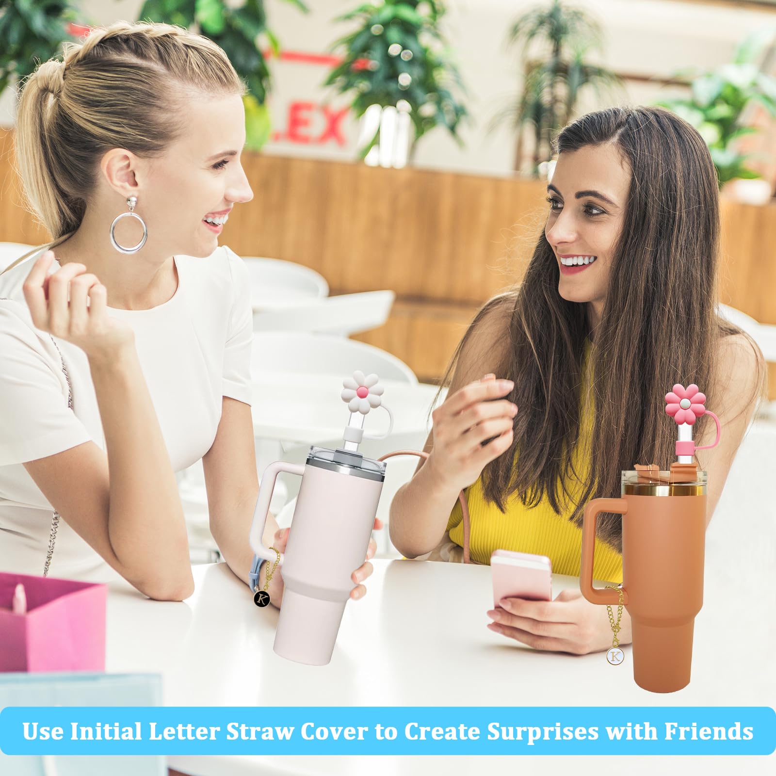 2PCS Straw Cover for Stanley Cup 30&40 Oz 10mm Flower Silicone Straw Topper Protector Lid with 2PCS Initial Personalized Letter Charm Stanley Cup Accessories (2PCS Letter A+2PCS Flowers)