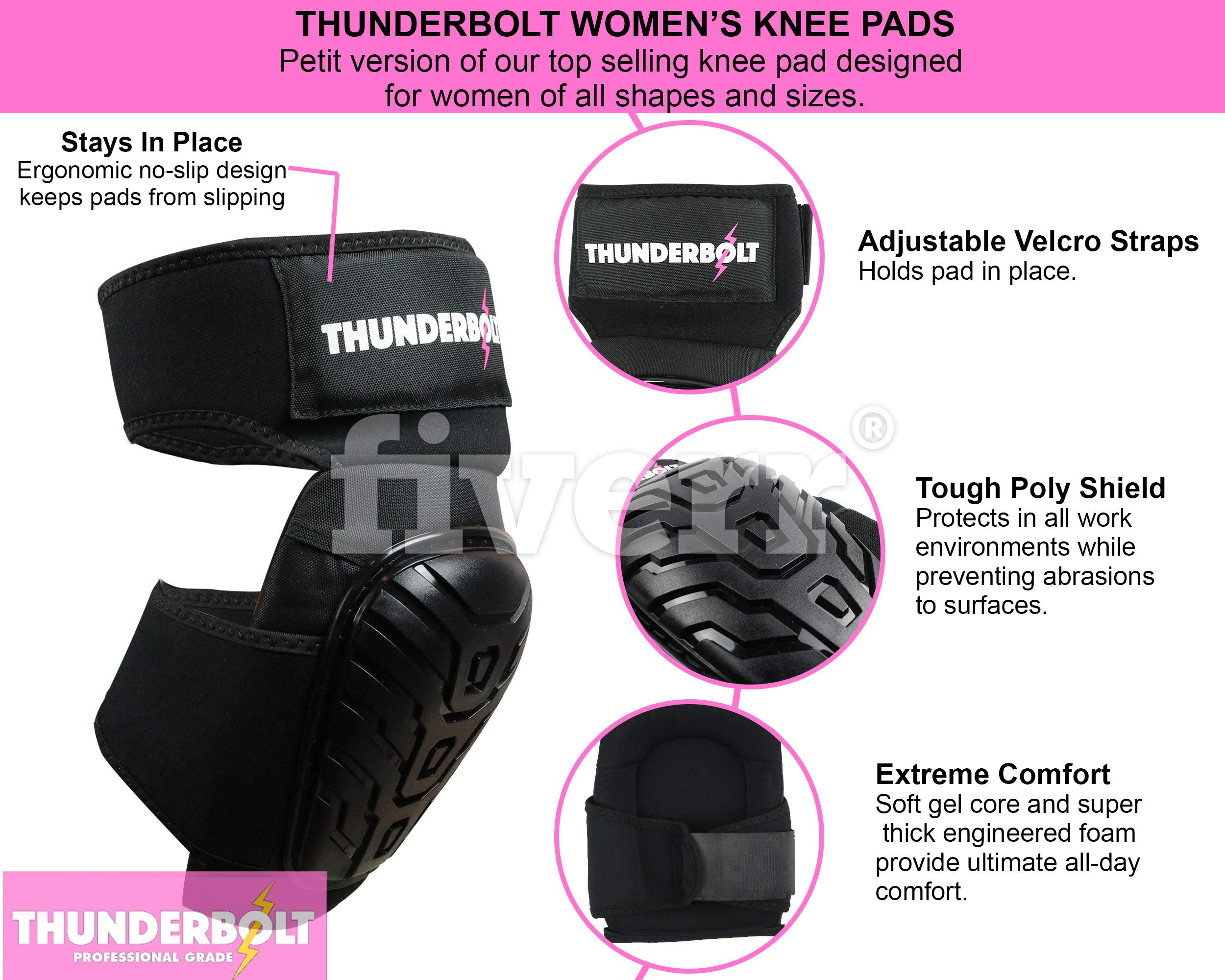 Thunderbolt Knee Pads for Women for Work for Flooring, Gardening, Cleaning, Tile Work, with Comfortable Gel Cushion and Anti-Slip Straps