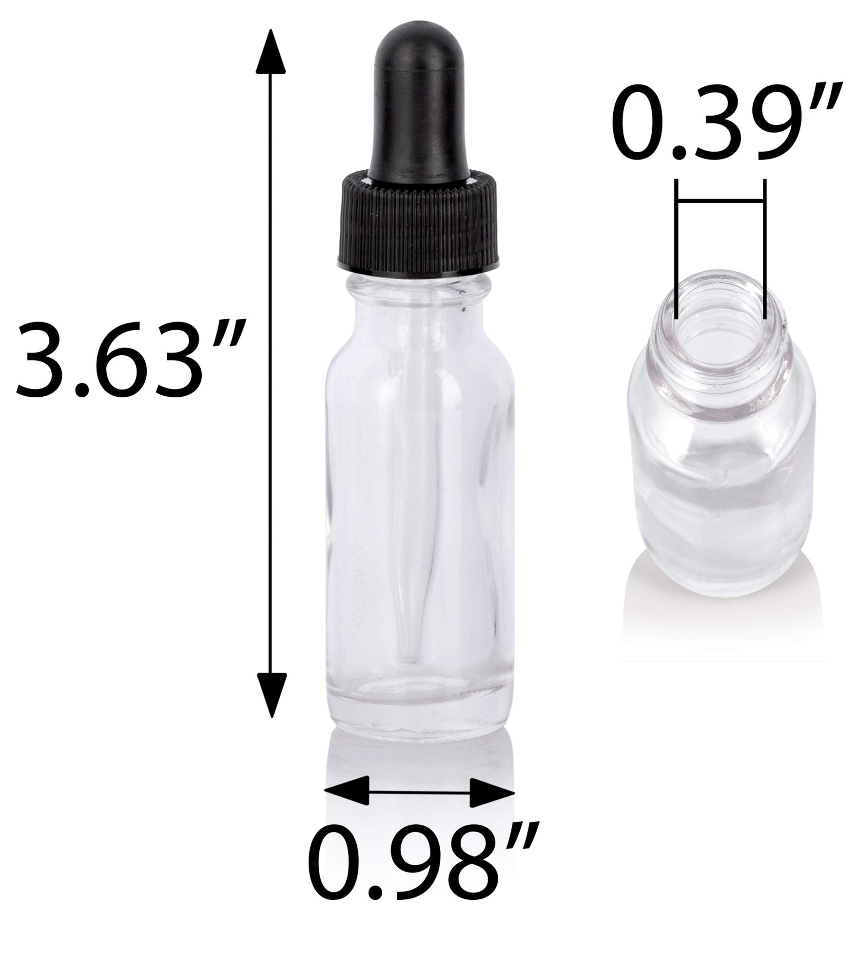 JUVITUS (12 pack) 0.5 oz / 15 ml Clear Glass Bottle with Black Dropper + Funnel