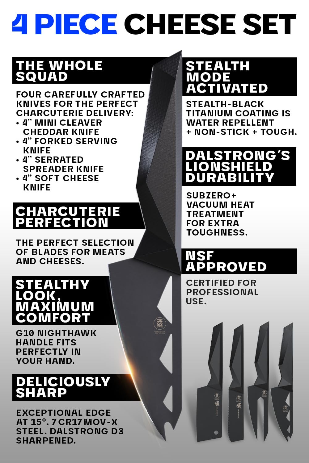 DALSTRONG Cheese Knife Set - 4-Piece - Shadow Black Series - Black Titanium Nitride Coated - High Carbon - 7CR17MOV-X Vacuum Treated Steel Cheese Knives Set - Sheath - Soft Hard Cheese - NSF Certified