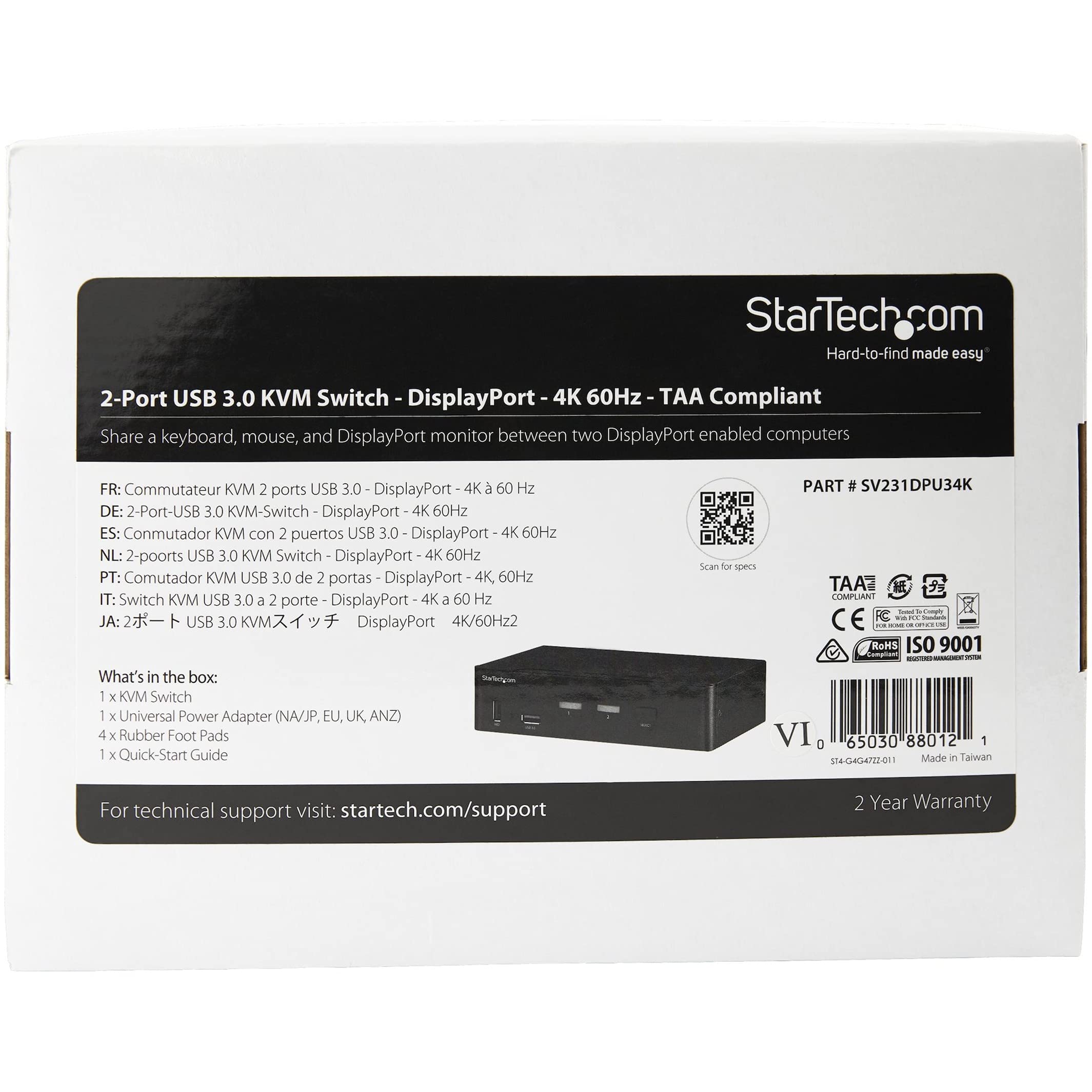 StarTech.com 2 Port DisplayPort KVM Switch - 4K 60Hz - Single Display - Dual Port UHD DP 1.2 USB KVM Switch with Integrated USB 3.0 Hub & Audio-Dell HP Apple Lenovo-TAA Compliant (SV231DPU34K), Black