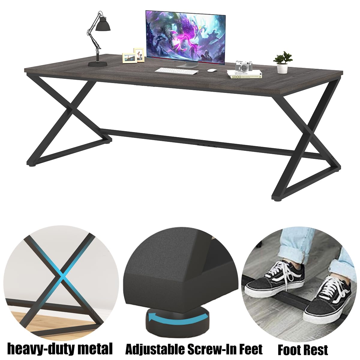 IBF 70.8” Long Computer Desk, Industrial Large Home Office Desk for Writing Study, Rustic Gaming Executive Work Desk for 2 Person, Wood Metal Pc Workstation Computer Table for Living Room, Dark Gray