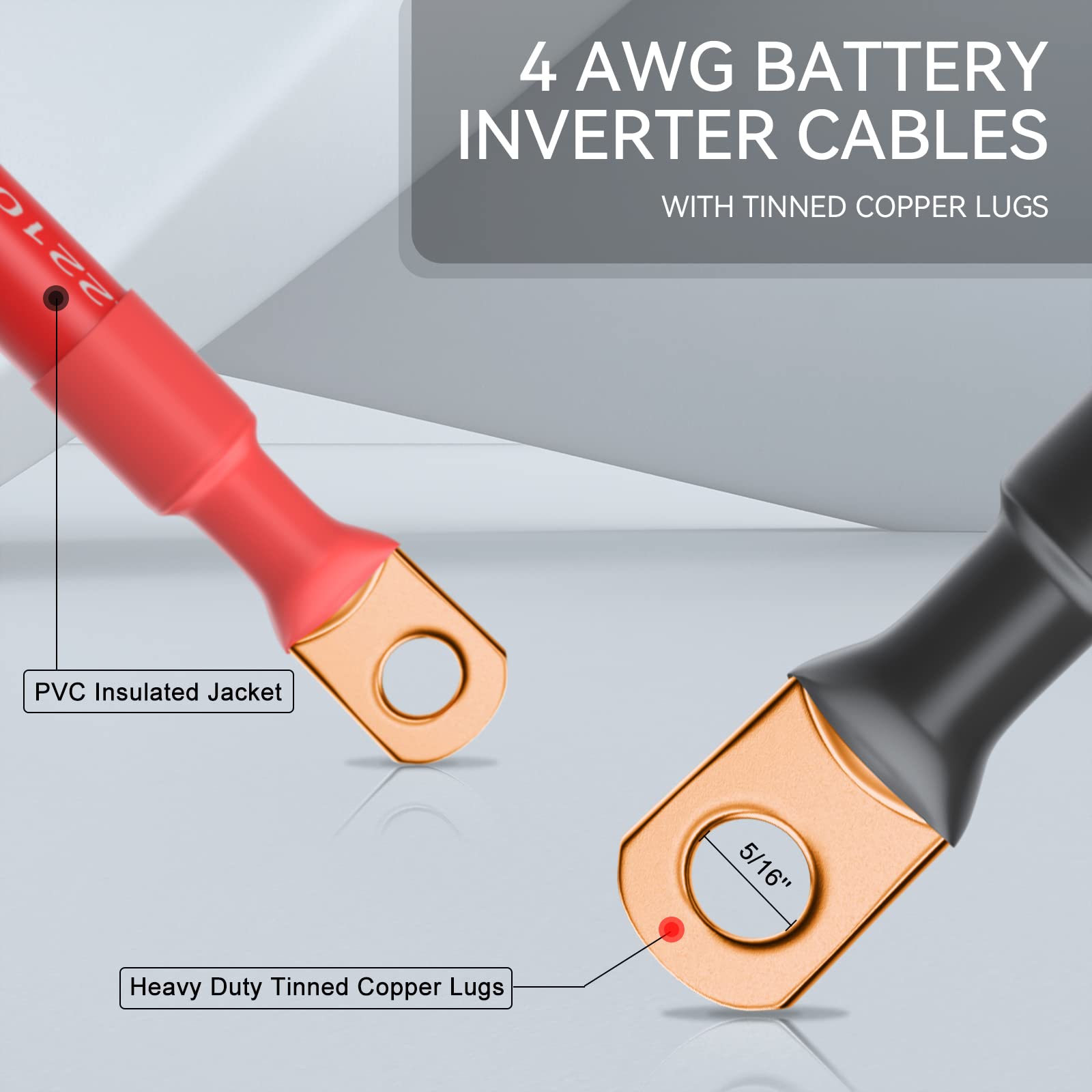 4AWG Battery Cable 3Ft, Parallel Battery Inverter Cables 4 Gauge 3 Feet fit for Solar, RV, Car, Boat, Pure Copper Battery Connection Cables with Heavy Duty 5/16" Lugs on Both Ends (Black & Red)