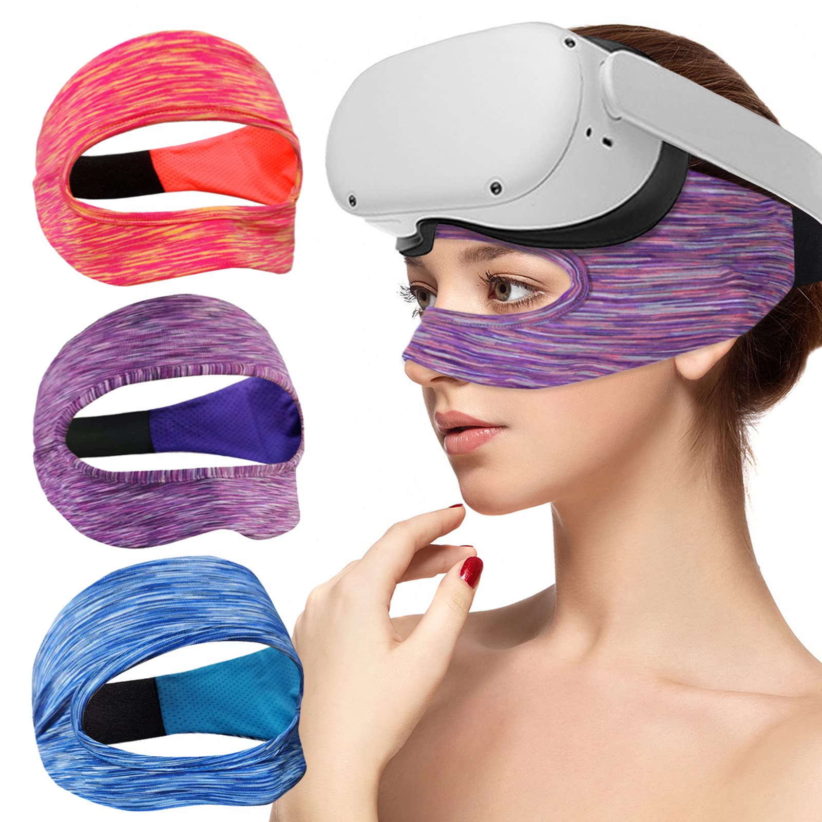 3PCS VR Masks Sweat Band Eye Mask Face Cover Breathable Elastic Sweat Band for Oculus ​Go Quest ​2 Virtual Reality Headsets VR Accessories for VR Workouts Use (Red Blue Purple)