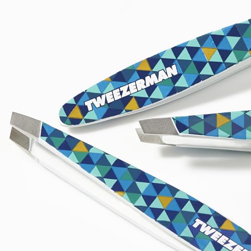 Tweezerman Mini Slant Tweezer - Tweezers for Eyebrows, Travel Tweezers for Eyebrows, Facial Hair, Ingrown Hair (Geometric Pattern)