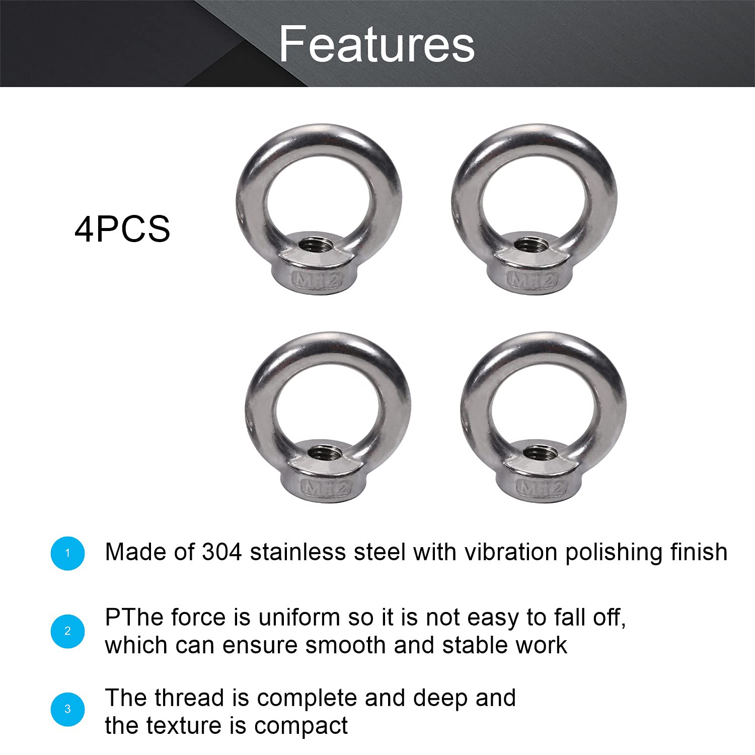 MroMax 4Pcs Lifting Eye Nut M12 Metric Female Thread Ring Shape Nut 304 Stainless Steel Round Shape Fastener Lifting Ring for Rope Fitting Silver