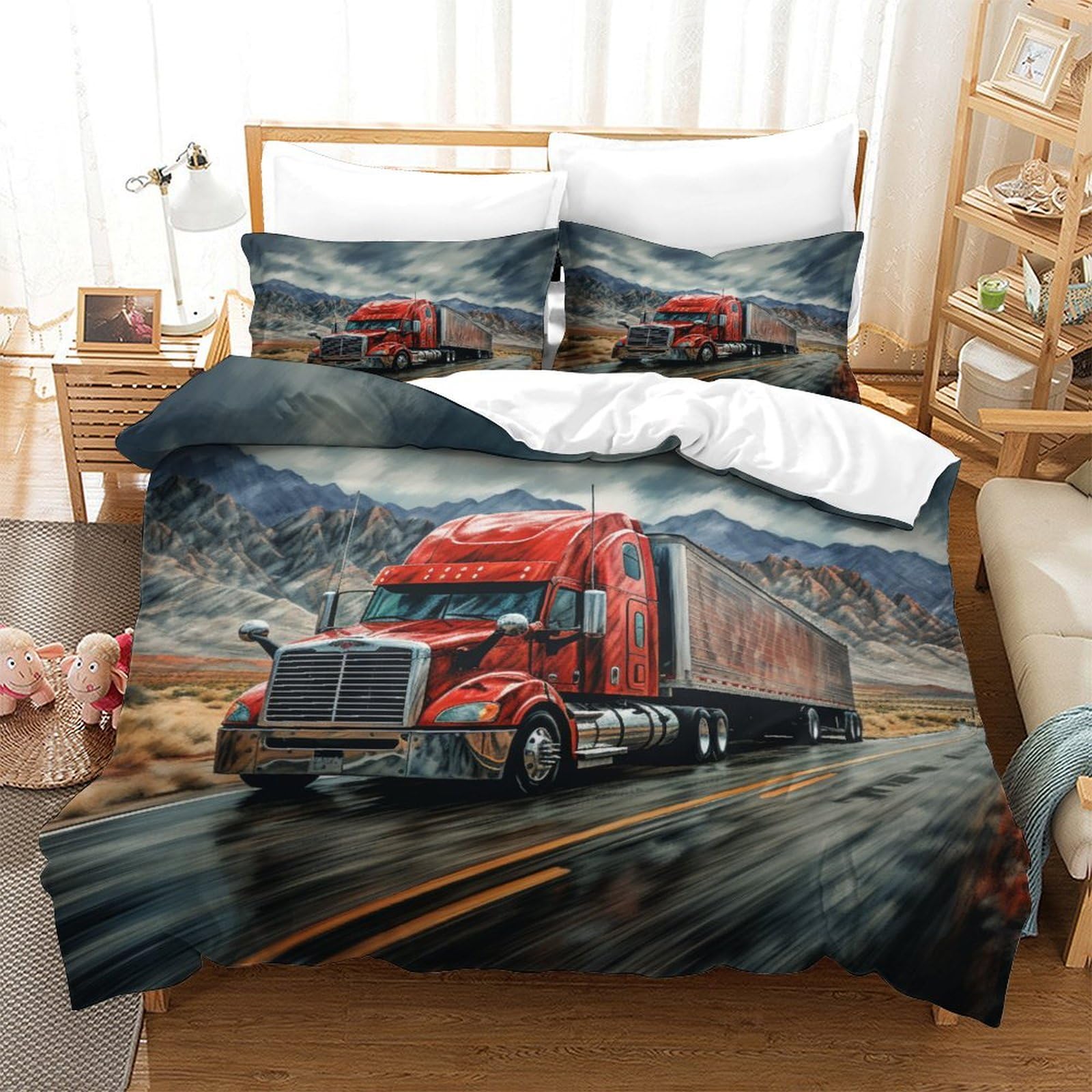 AAHARYA Red Semi-Trailer Quilt Cover 3D Printed Big Truck Bedding Set Comforter Covers Duvet Cover 3 Pieces with Pillowcases for Childrens and Adults Microfiber with Zipper Closure Twin(173x218cm)