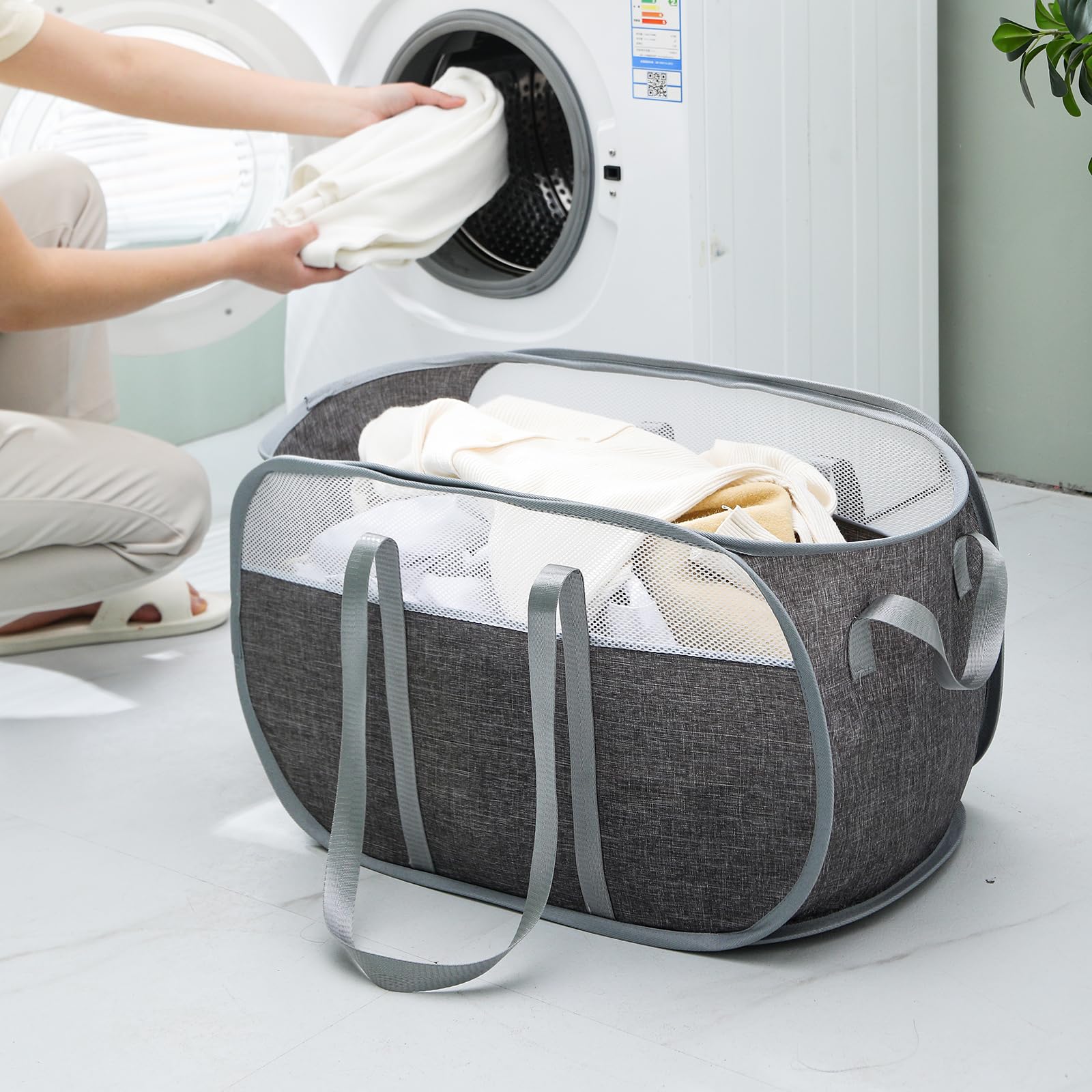 Pop-Up Laundry Basket,collapsible Mesh Laundry Hamper– With Extended Shoulder Straps, Sturdy Handles, and Premium Cationic Fabric (gray)…