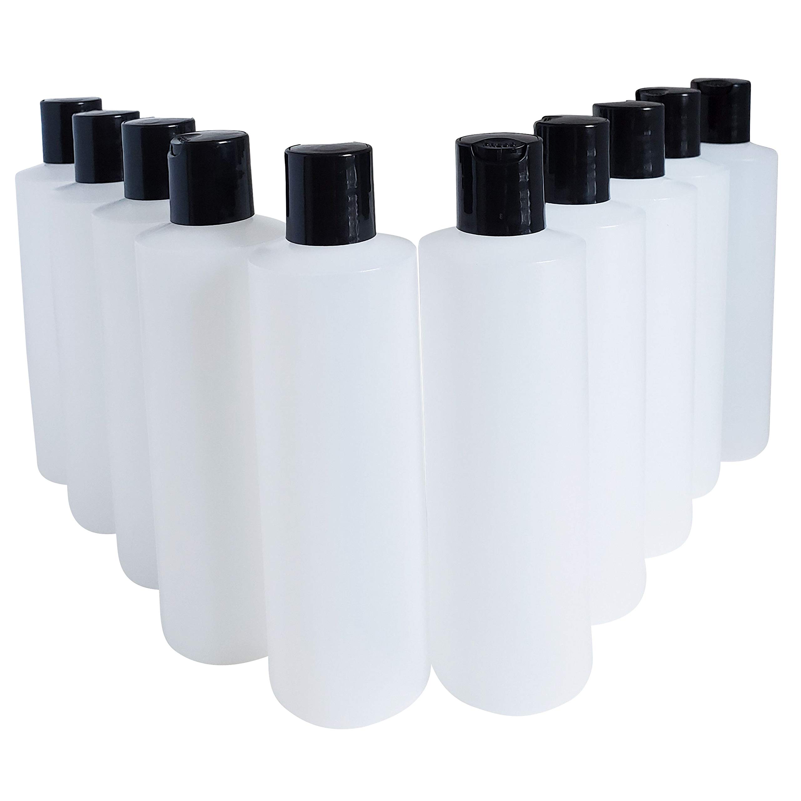 Kelkaa 8oz HDPE Durable Squeezable Plastic Bottles with Black Press Disc Top Cap Natural Clear Container for Any Liquid Products, Multi-Purpose Empty Refillable Bottles (Pack of 10)