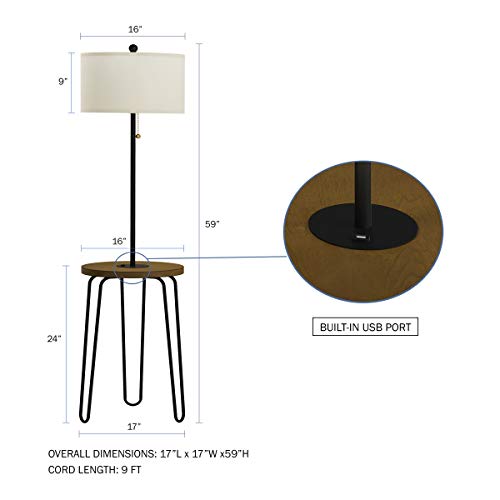 Lavish Home Floor Lamp with Table - Mid-Century Modern Nightstand or Side Table with USB Port and Hairpin Legs - Standing Light with Shelves
