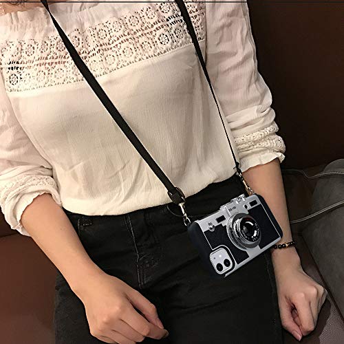 iPhone 11 Case, Awsaccy 3D Cool Unique Cute Camera Design Case PC + Silicone Cover Case with Long Strap Rope for Apple iPhone 11 6.1 inch 2019 Release (Moderate Hardness), Black