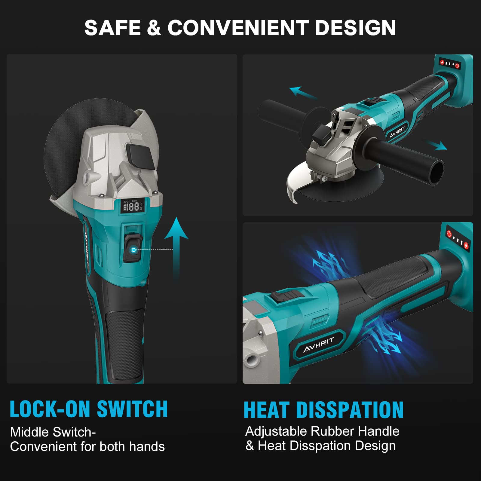 Avhrit Cordless Angle Grinder, 21V Power Angle Grinder Tools with 4.0Ah Battery & Fast Charger, 9000 RPM Brushless Motor Metal Grinder, 4-1/2'' Cutting Wheels, Flap Disc for Cutting, Grinding
