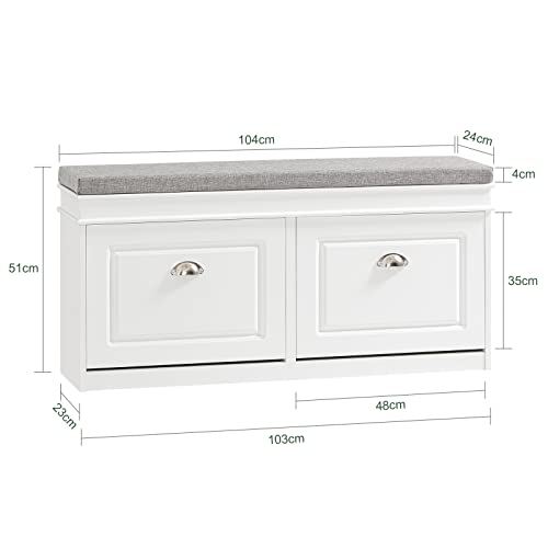 Haotian FSR64-W, White Storage Bench with Drawers & Padded Seat Cushion, Hallway Bench Shoe Cabinet Shoe Bench