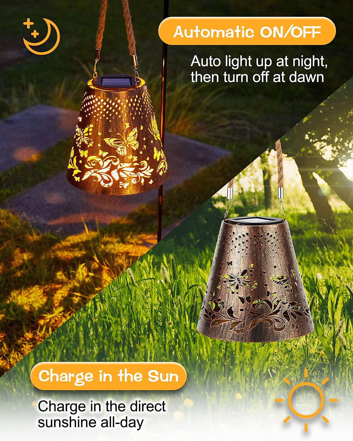 Birodeko Solar Lantern Outdoor Garden - Waterproof Large Hanging LED Lights, Warm White Retro Landscape Decorative Metal Lanterns for Patio, Yard, Pathway | Bronze, Butterfly