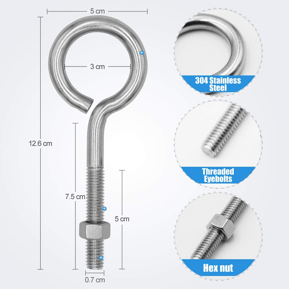 Stainless Steel Eyebolts with Nuts,4 Pcs 3/8 x 5 inch Long Heavy Duty Threaded Eye Bolts for tie-Downs, Lifting and securing Cables Wires