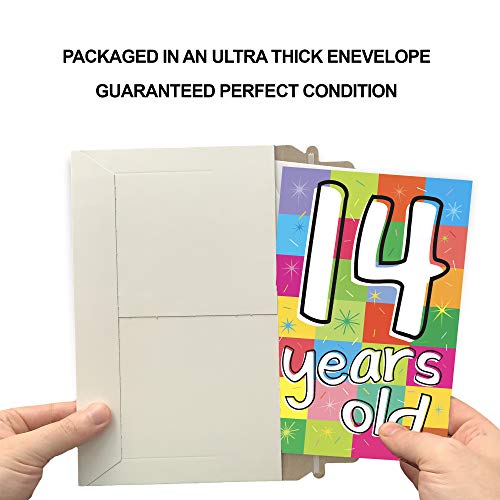 Happy 14th Birthday Card | Made in America | Eco-Friendly | Thick Card Stock with Premium Envelope 5in x 7.75in | Packaged in Protective Mailer | Prime Greetings