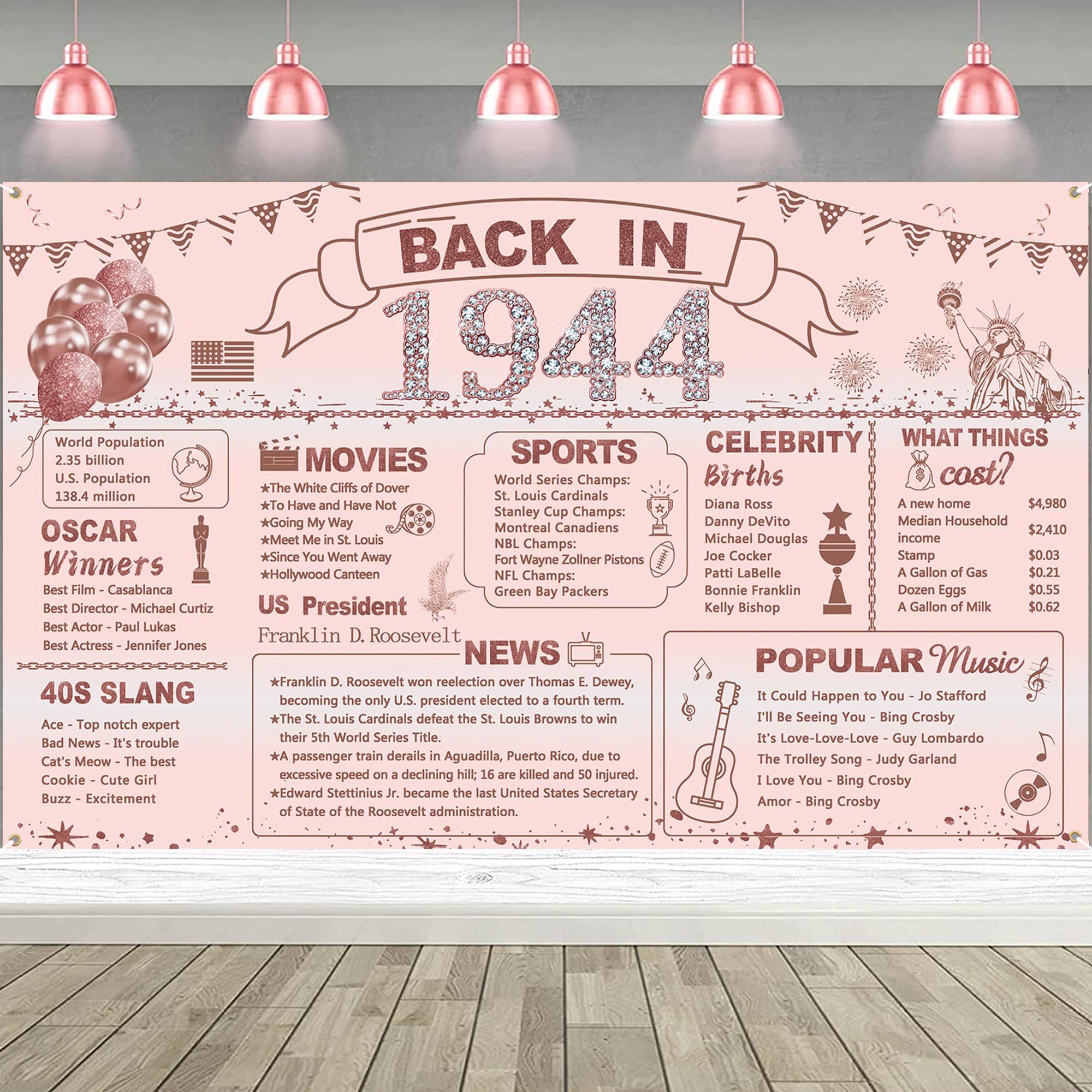 DARUNAXY Rose Gold 80th Birthday Party Decorations for Women, Back in 1944 80th Birthday Banner Backdrop Pink Cheers to 80 Years Old Birthday Party Supplies Vintage 1944 80 Birthday Poster for Girls