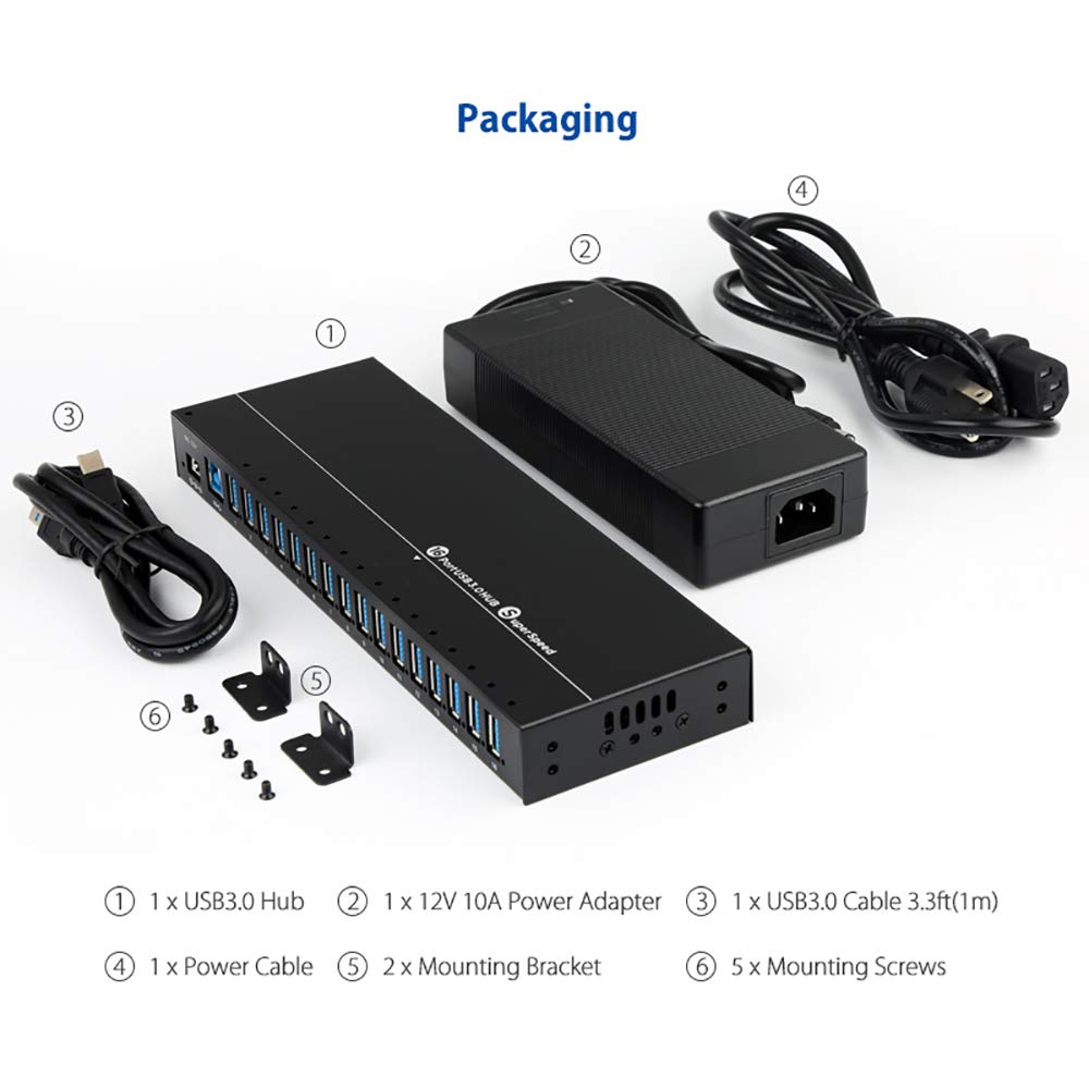 Powered USB Hub - UUSTK 16 Ports 120W USB 3.0 Data Hub - with Mounting Bracket and 12V/10A Power Adapter USB Hub 3.0 Splitter for Laptop, PC, Computer