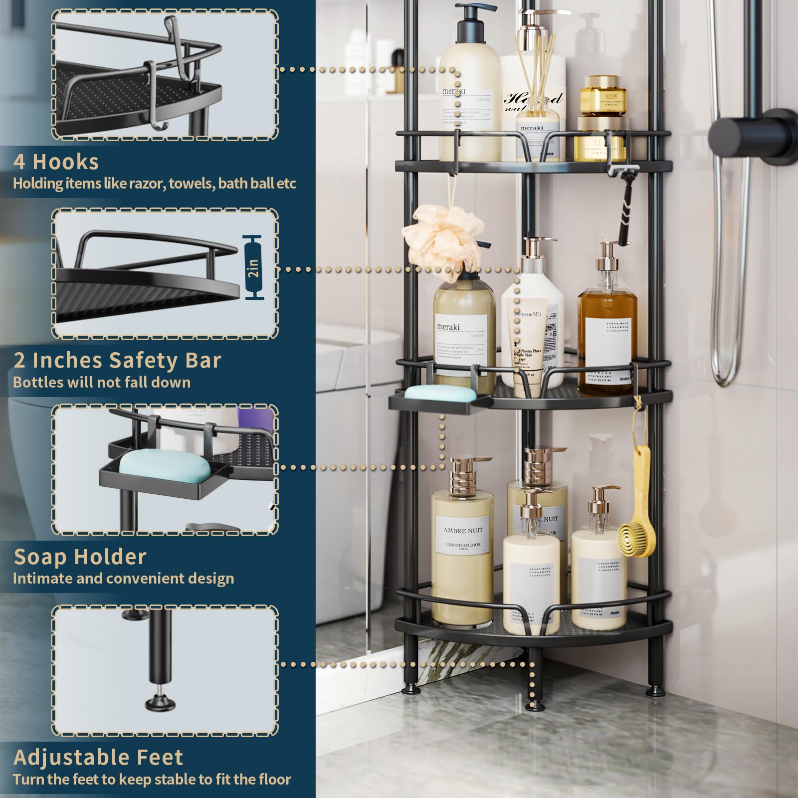 Consumest Corner Shower Caddy Stand - 4 Tier Shower Organizer with Soap Holder, Standing Tall Floor Shower Stand with Adjustable Feet & 4 Hooks