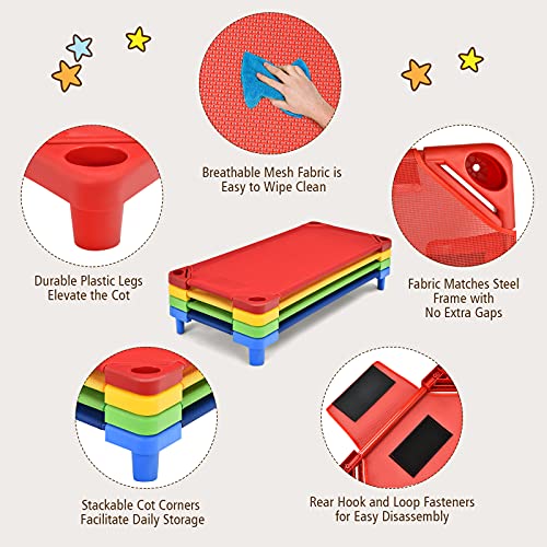 Costzon Daycare Cots for Kids, Pack of 4, 51β L x 23β W Stackable Nap Cots with Easy Lift Corners, Ready-to-Assemble, Preschool Classroom Daycare Beds for Sleeping, Resting, Naptime (Multicolor)