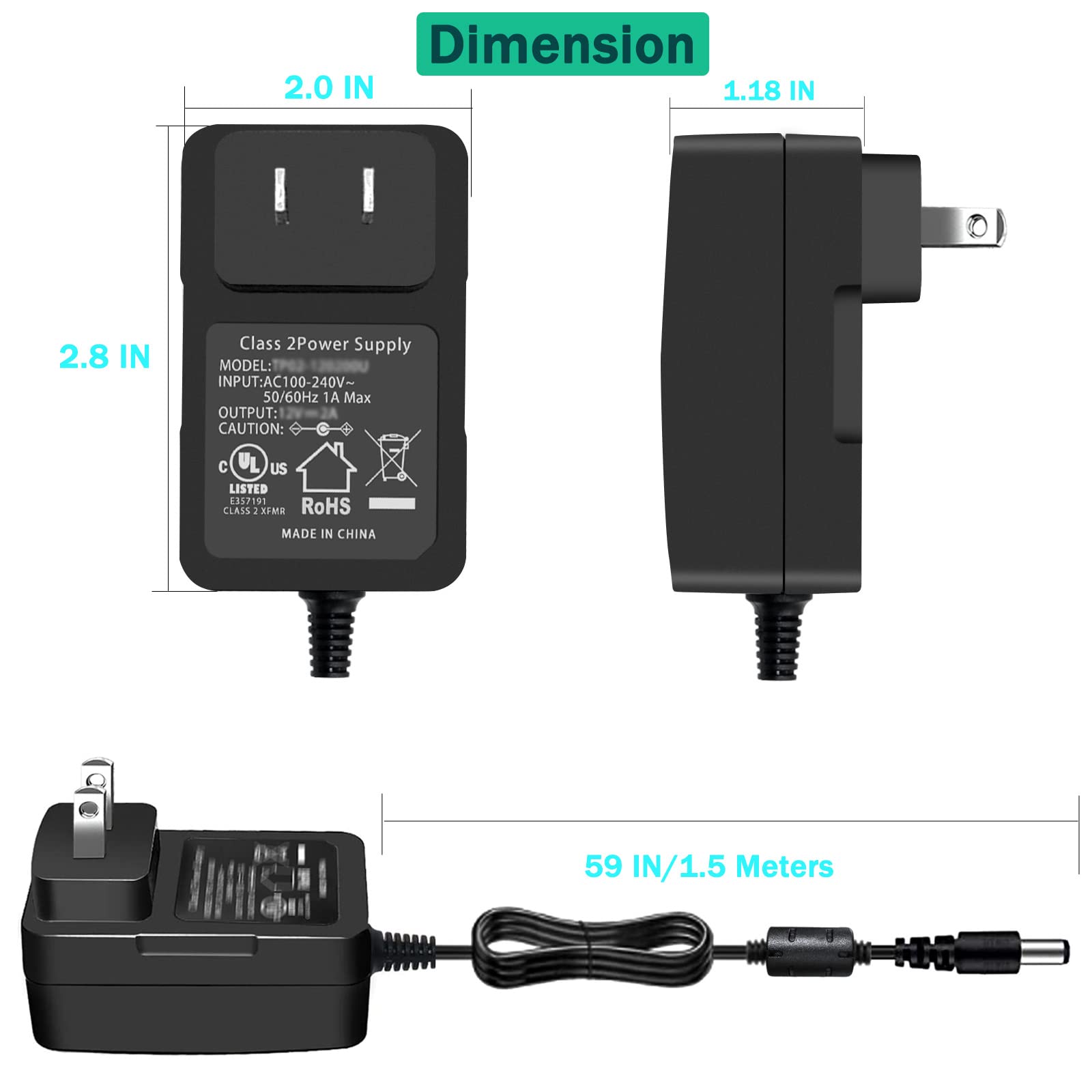 TKDY 12V 2A DC Power Supply AC Adapter Cord with Switch, 100-240Vac to DC 12 Volt 2 Amps 24W Transformer, for DC12V Yamaha Keyboard 12Vdc Record Player Massager LED Strip Lights Router Soundbar.