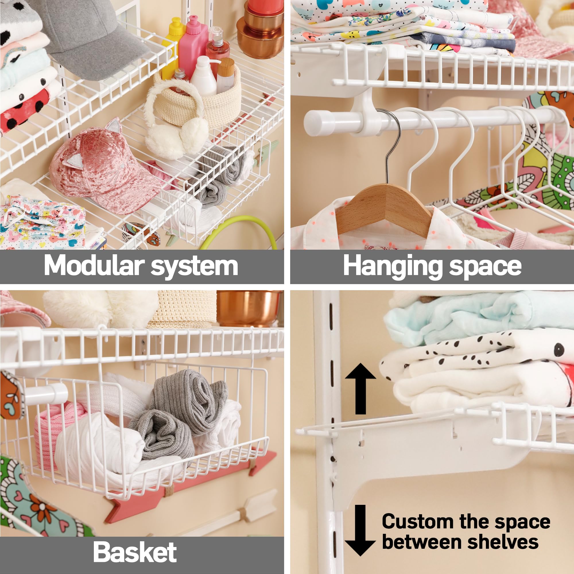 SOH DESIGN Adjustable White Wire Closet Shelf Kit, 3-5 FT Expandable Organizer System for Versatile Home Storage