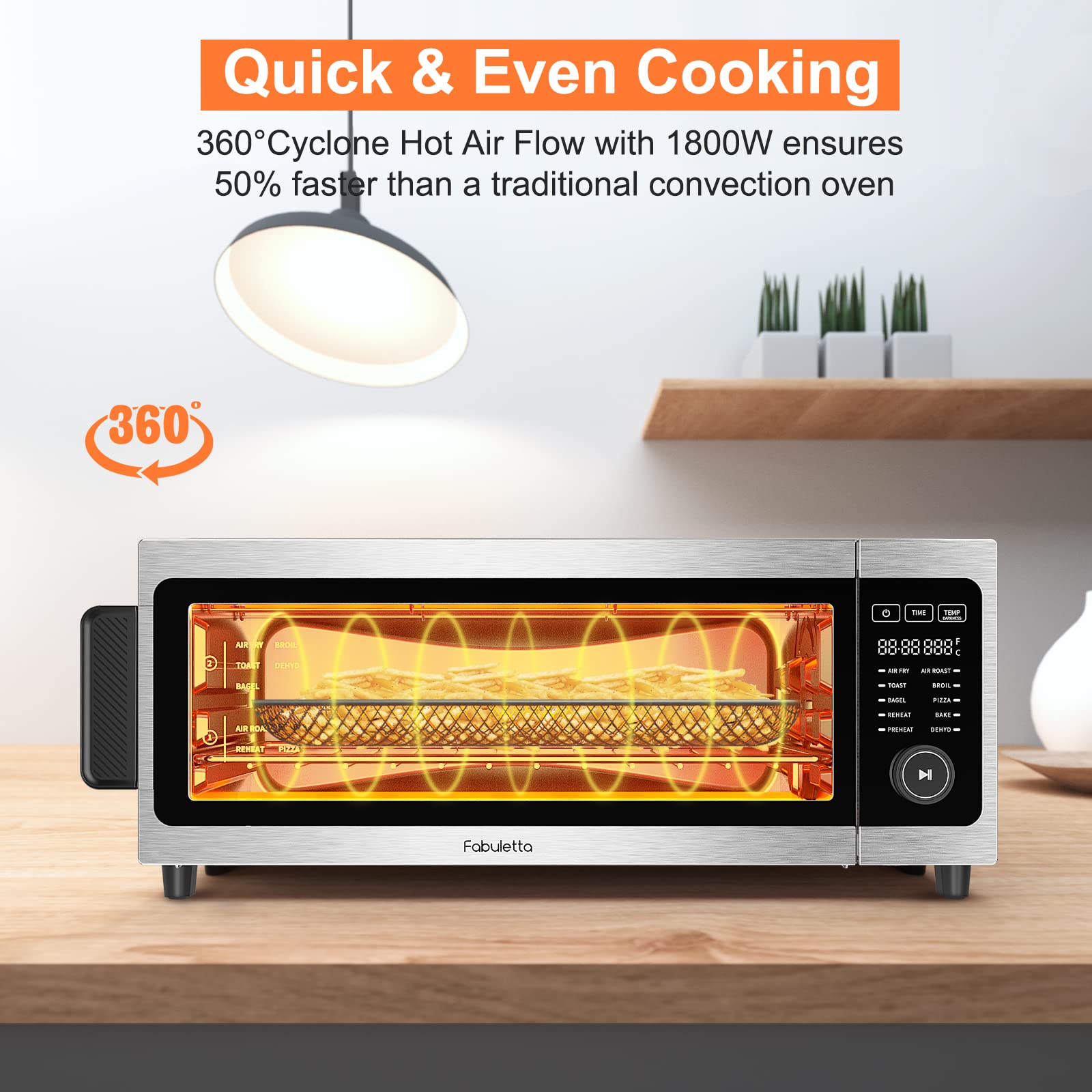 Air Fryer Toaster Oven Combo, Fabuletta 10-in-1 Toaster Ovens Countertop 1800W, 100-450°F Temperature Control,Flip Up & Away Capability for Storage Space, Enamel Baking Pan Easy Clean with Recipe Book