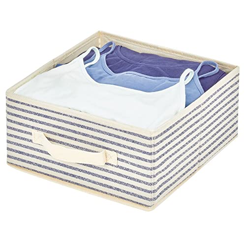 mDesign Soft Fabric Closet Organizer Box with Front Pull Handle for Shelves in Bedroom, Bathroom, Home Office - Holds Clothing, Linens, Accessories, Lido Collection, 4 Pack, Natural/Cobalt Blue Stripe