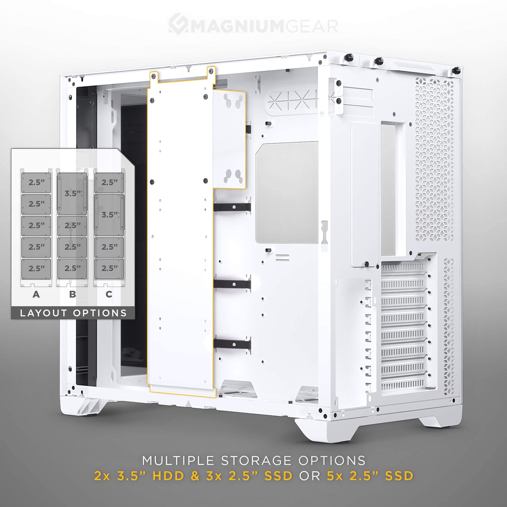 MagniumGear (MG-NE620QI_DWT02) NEO Qube 2 IM, Dual Chamber ATX Mid-Tower, Digital-RGB Infinity Mirror Front Panel, Front I/O USB Type C, Tempered Glass Panels, White