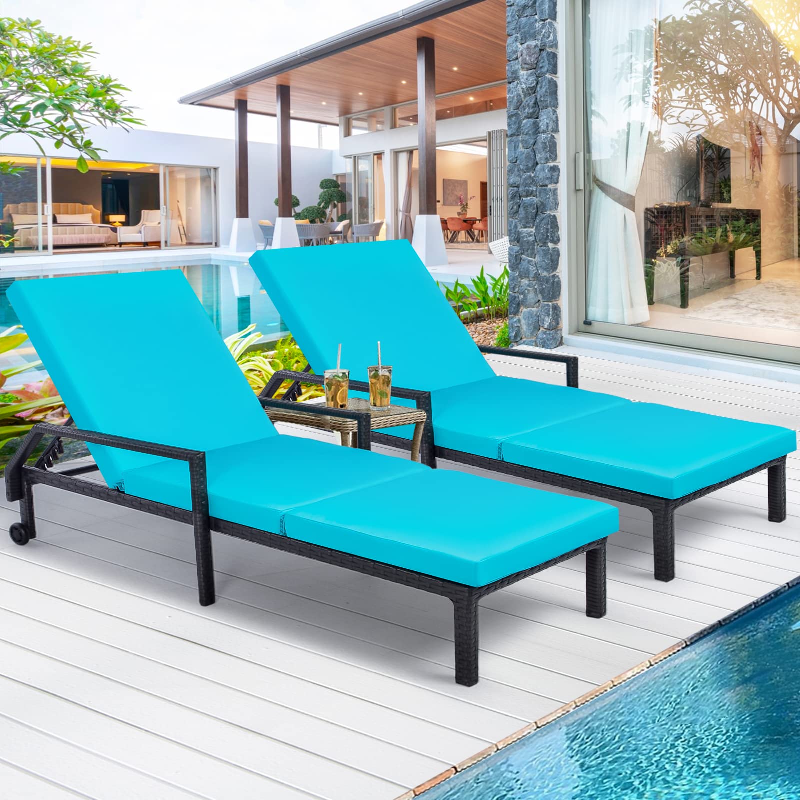 AECOJOY Chaise Lounge Chairs for Outside Outdoor Lounge Chairs Set of 2, Adjustable PE Rattan Wicker Patio Pool Lounge Chair with Cushion and Wheels for Poolside Backyard Deck Porch Garden, Blue