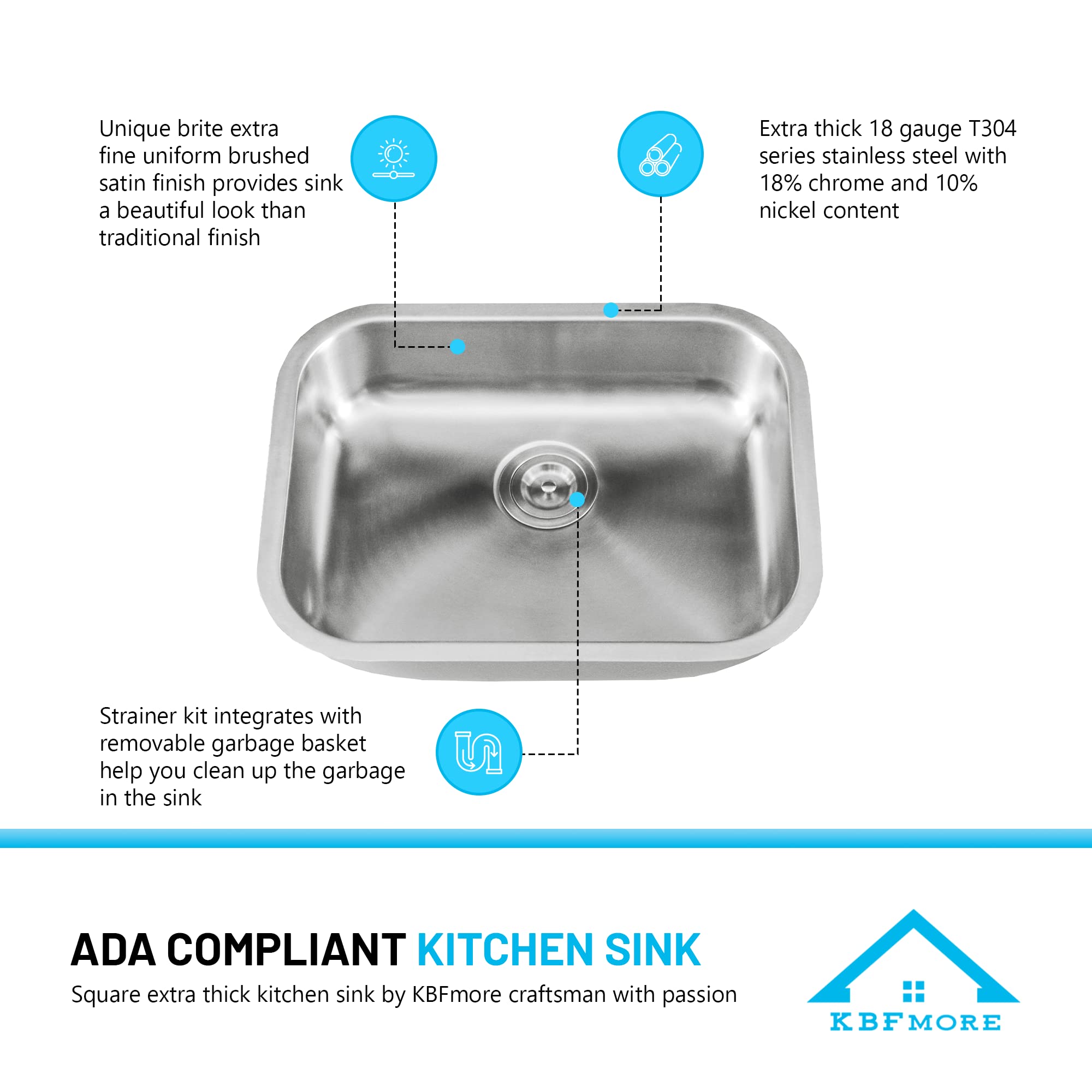 KBFmore 23 Inch Single Bowl ADA Compliant Stainless Steel Kitchen Sink, Rust Resistant Sound and Heatproof Shallow Drain 18 Gauge Undermount Sink with Sink Strainer and Removable Garbage Basket