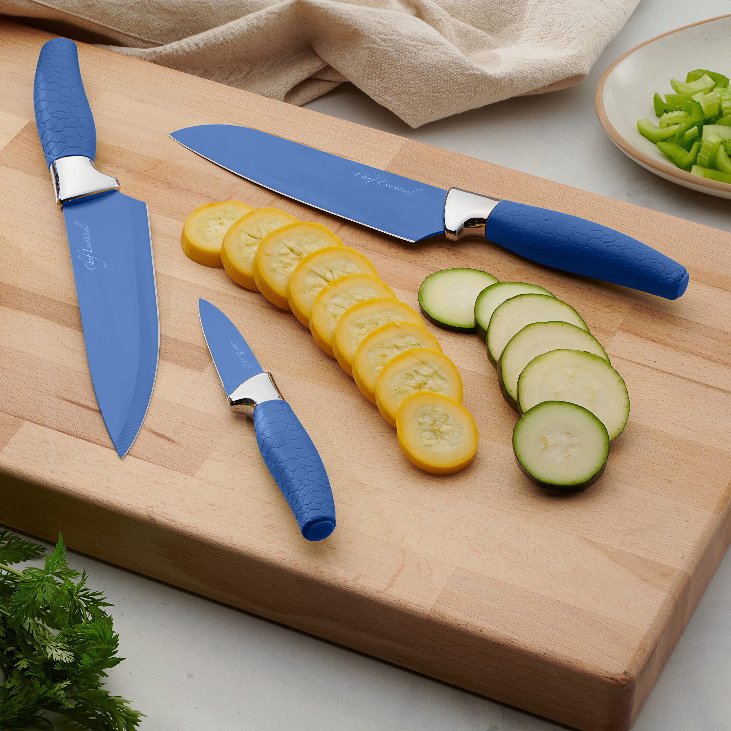 Carbon Knife Set with Block – 6-Piece Never-Dull Kitchen Knife Set – Meat, Veggie, Bread Knife Set – Nonstick Chef Knife Cooking Knives for Kitchen – Precise-Slice Carbon Steel by Chef Essential