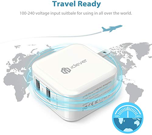USB Wall Charger for iPhone iPad, 2-Pack iClever Dual Port 24W Travel Tablet Phone Charger Adapter with SmartID for iPhone11/ Pro/iPhoneX/iPhone XR/8/7/6/Plus, iPad Pro/Air 2/Mini 3/Mini 4 and More