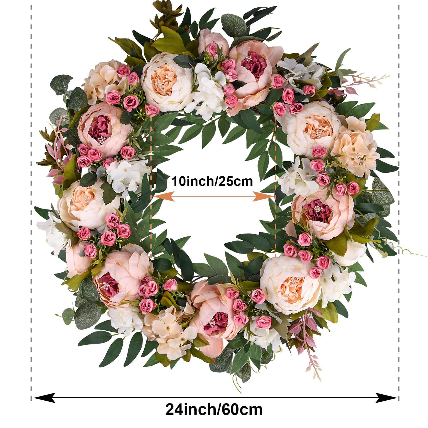 22inch Peony Wreath, Bouquet Wreath Spring Summer Fall Wreath Dotted with Eucalyptus Layered Roses Dahlias Hydrangeas Antler Grass and Small Fruit Artificial Wreaths for Front Door Indoor Wreaths